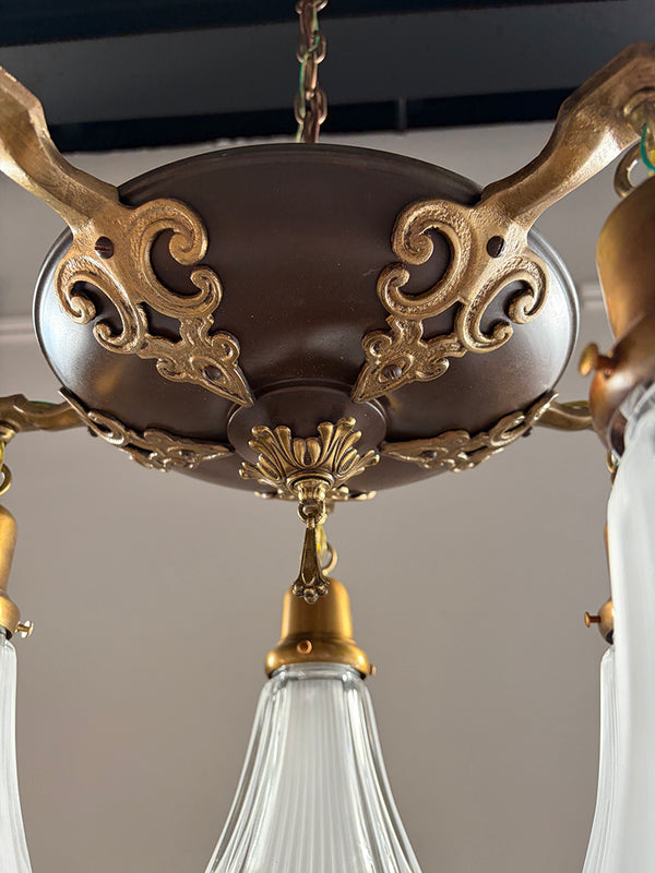 Antique Circa 1920 Five Light Pan with Bronze and Brass Finish and Cas ...